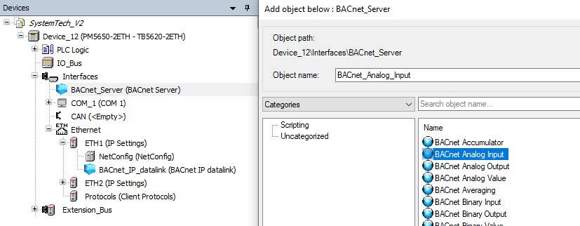 Adding BACnet server objects